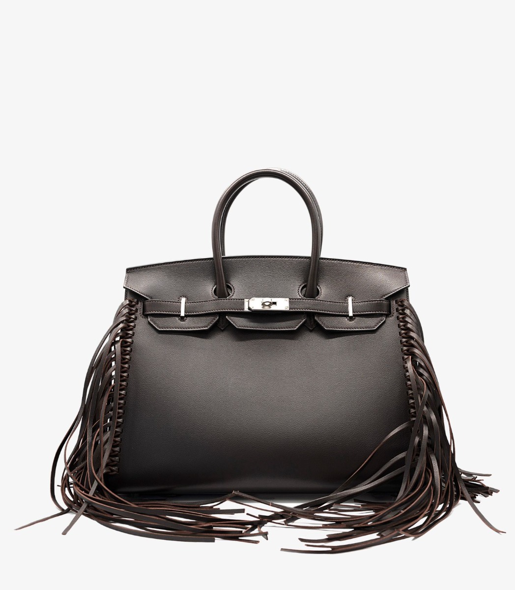Ebene Evergrain Leather Anate Fringe Birkin 35cm Sellier