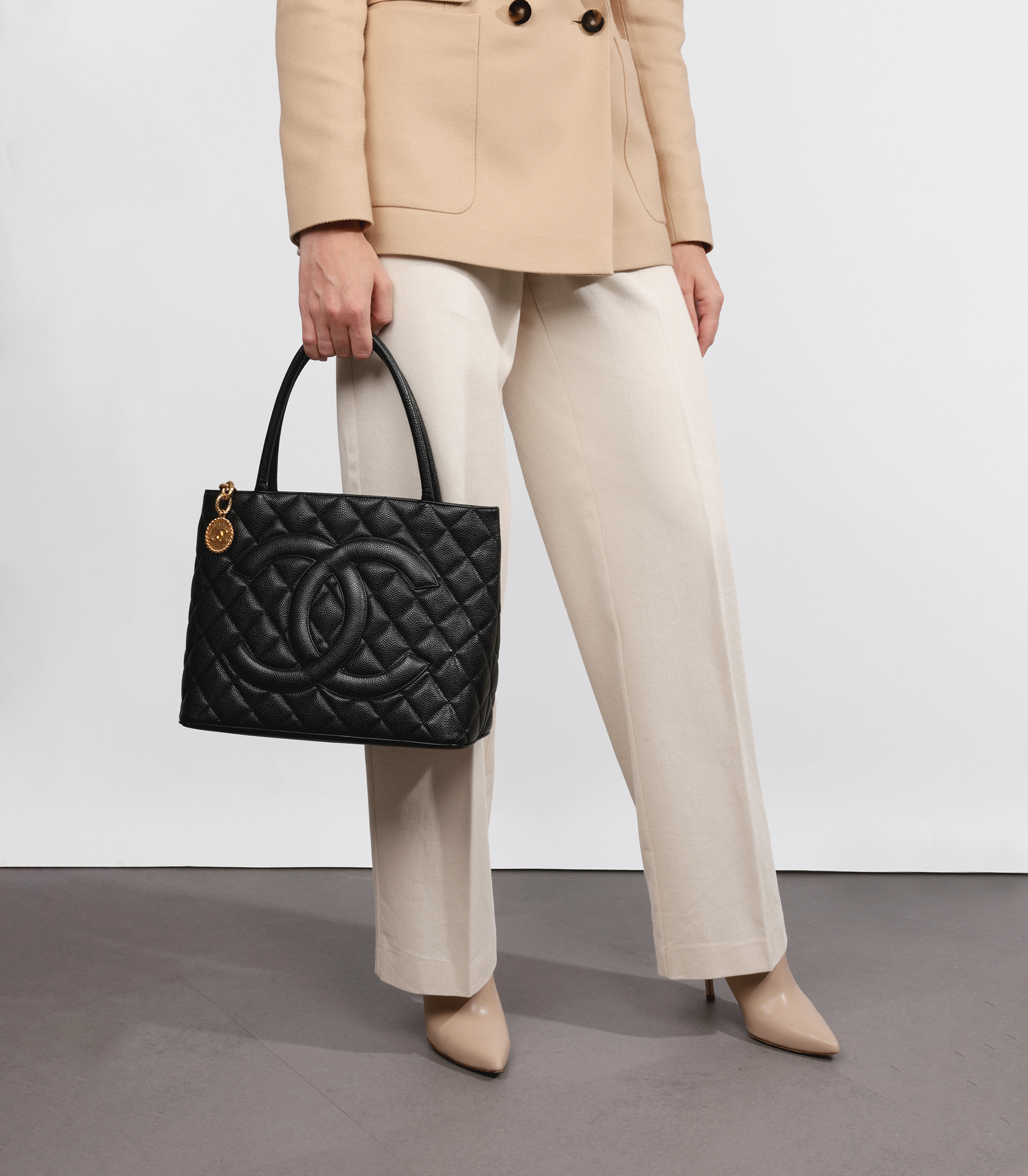 Chanel Black Quilted Caviar Vintage Medallion Tote HB5364 Chanel Black Quilted Caviar Vintage Medallion Tote HB5364